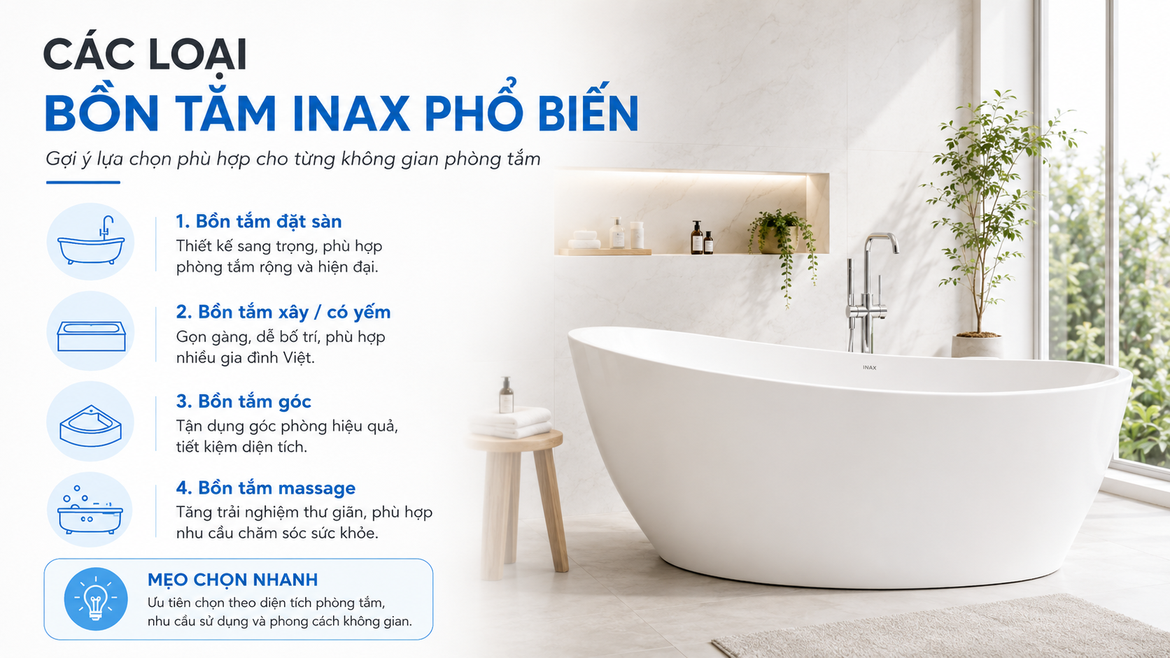 Các loại bồn tắm INAX phổ biến